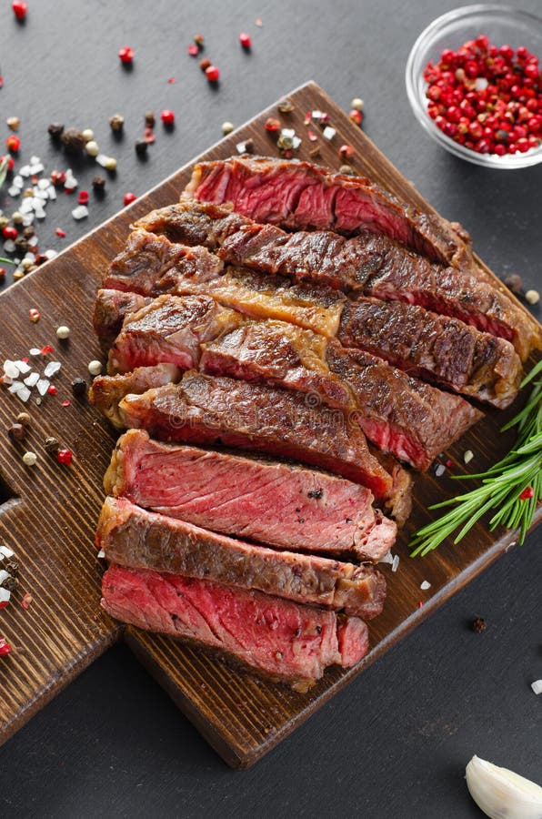 Cooked Beef Steak, Beef Organic Meat, Dark Black Background Stock Photo ...