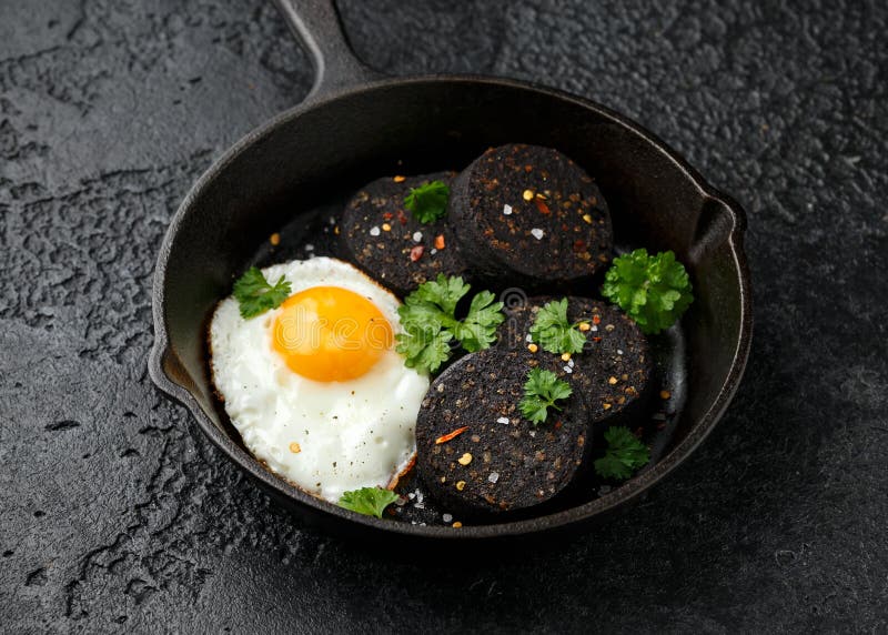 Cooked Black Pudding with Egg, Herbs and Parsley on Iron Cast Pan Stock ...