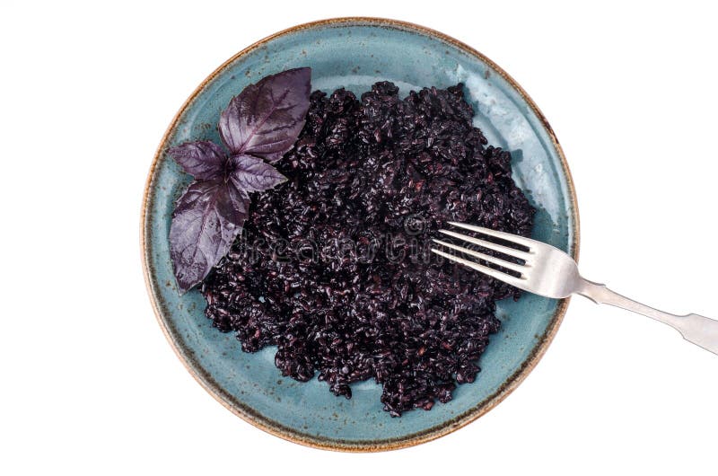 Cooked Black Rice on Blue Plate Stock Image - Image of health, black ...