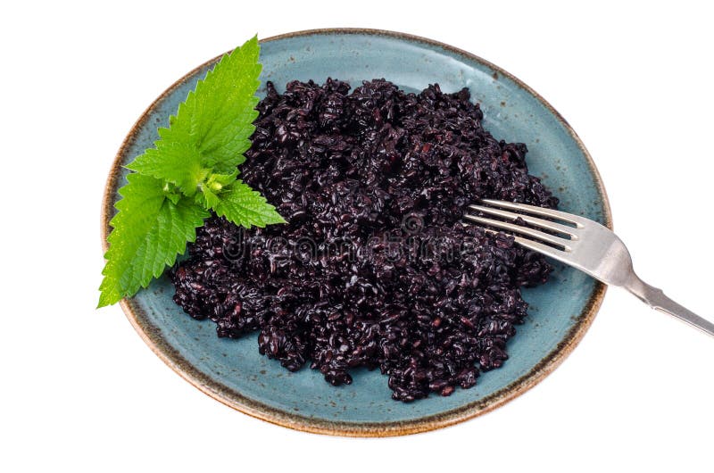 Cooked Black Rice on Blue Plate Stock Image - Image of health, black ...