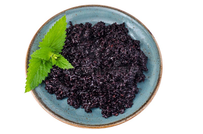 Cooked Black Rice on Blue Plate Stock Image - Image of health, black ...