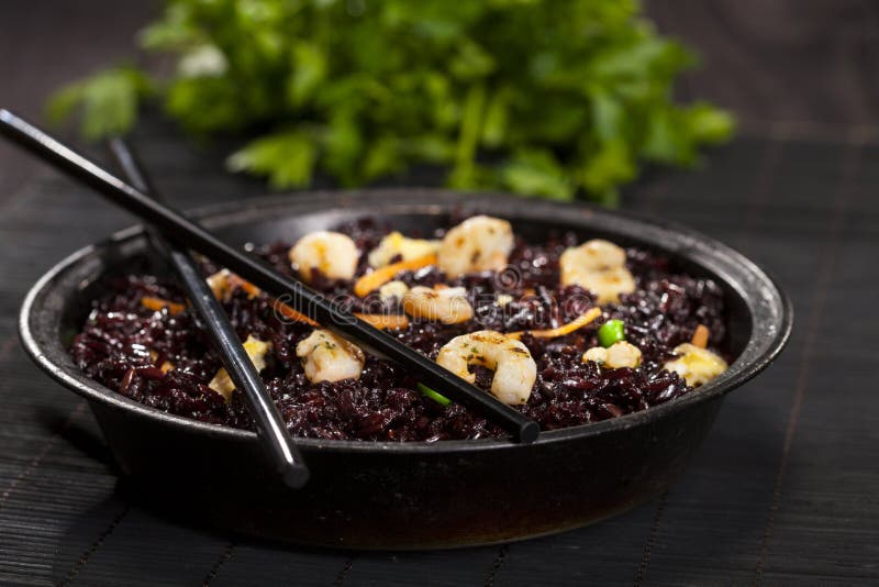 Cooked Black Rice on Blue Plate Stock Image - Image of health, black ...