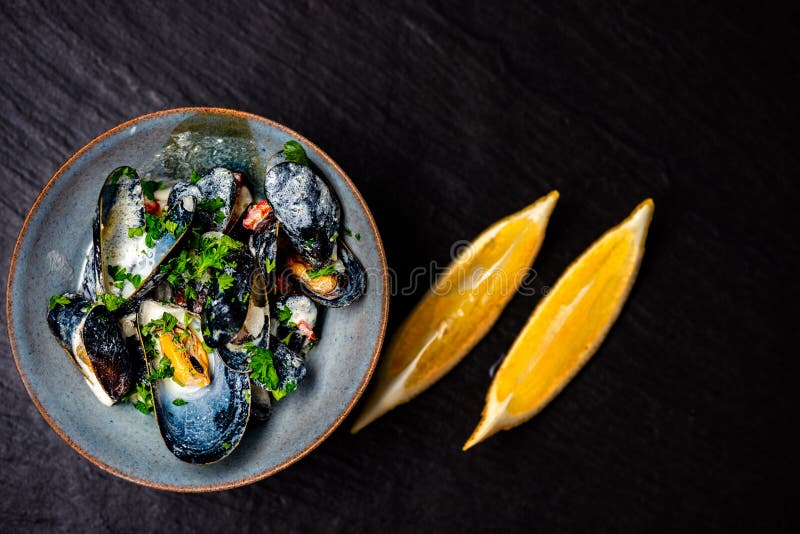 Cooked Blue mussels stock photo. Image of dark, steamed - 180423324