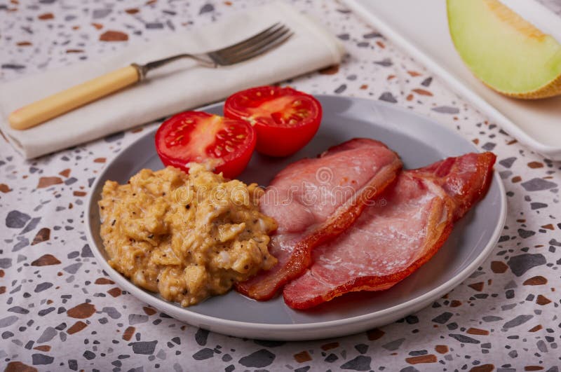 Cooked Breakfast with Bacon and Eggs. Stock Photo - Image of pepper ...