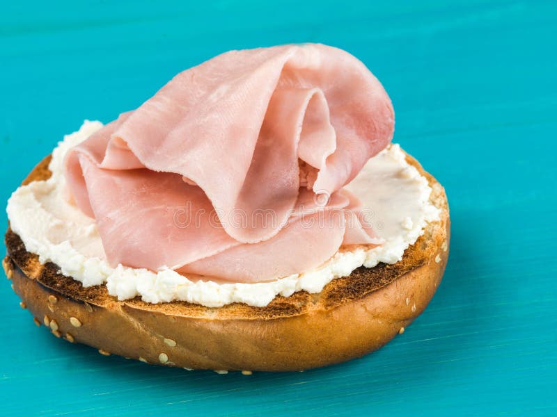 Cooked Cold Sliced Ham and Soft Cheese Spread Sesame Bagel Stock Image ...
