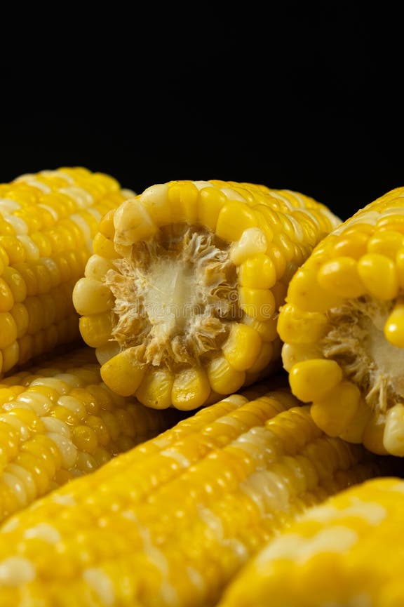 Cooked Corn Cob on Black Background Macro Stock Photo - Image of macro ...