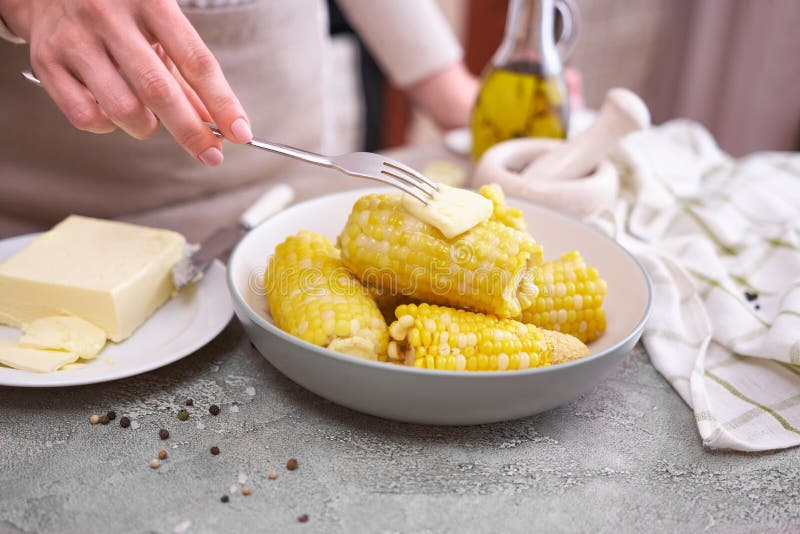 Cooked Corn Cobs on a Plate at Domestic Kitchen Stock Photo - Image of ...