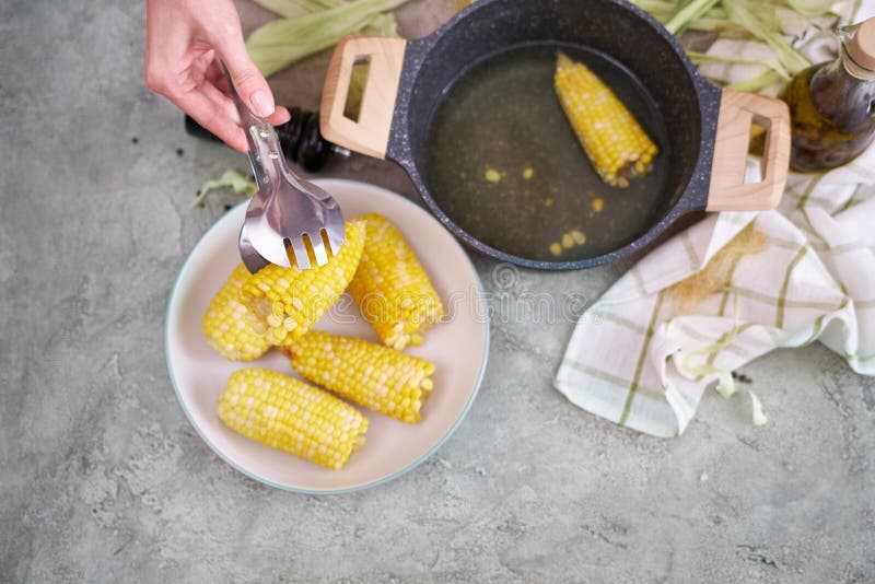 Cooked Corn Cobs on a Plate at Domestic Kitchen Stock Image - Image of ...