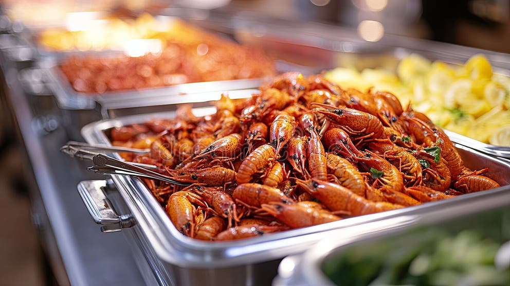Cooked Crawfish Piled High in Buffet-style Stainless Container. Stock ...