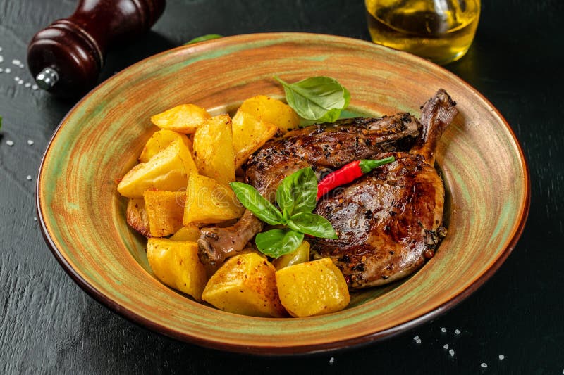 Cooked Duck Leg with Potatoes. Banner, Menu, Recipe Copy Space, Top ...