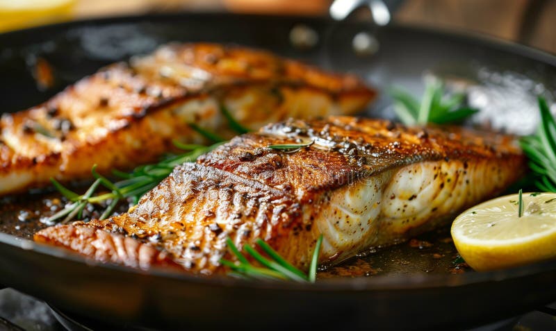 Cooked Fish in a Frying Pan, Top View, Generated Ai Stock Illustration ...