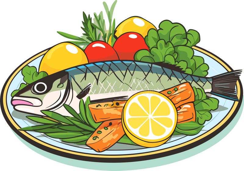 Cooked Fish with Lemon and and Vegetables on a Plate Vector Stock ...