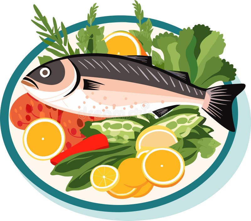 Cooked Fish with Lemon and and Vegetables on a Plate Vector Stock ...