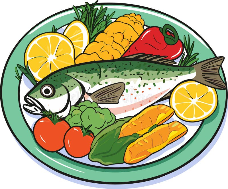 Cooked Fish with Lemon and and Vegetables on a Plate Vector Stock ...