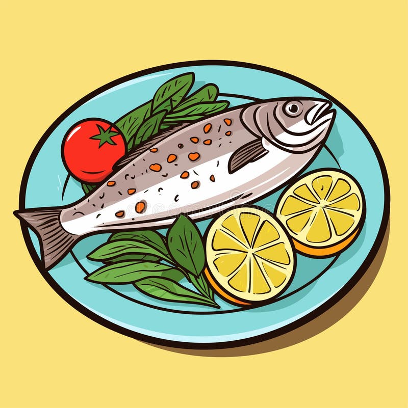Cooked Fish with Lemon and and Vegetables on a Plate Vector Stock ...
