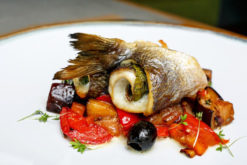 Cooked Fish in a Roll with Vegetables Stock Photo - Image of healthy ...