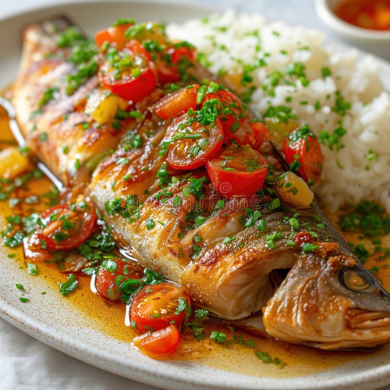 Cooked Fish with Vegetables Close-up Stock Illustration - Illustration ...