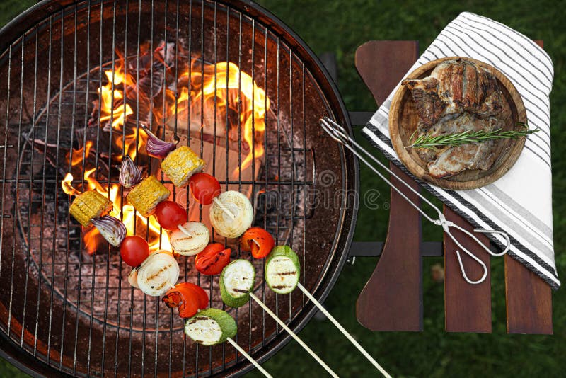 Cooked Food Products and Grill Barbecue Outdoors, Top View Stock Image ...