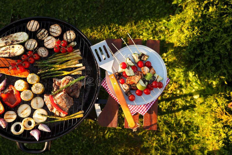 Cooked Food Products and Grill Barbecue Outdoors, Top View Stock Photo ...