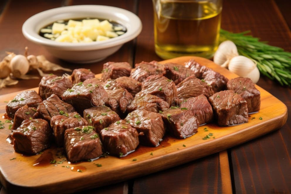 Cooked Garlic Bbq Steak Tips with Melted Garlic Butter Stock Photo ...