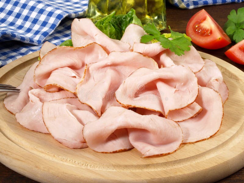 Cooked Ham Slices on a Wooden Plate Stock Image - Image of white ...