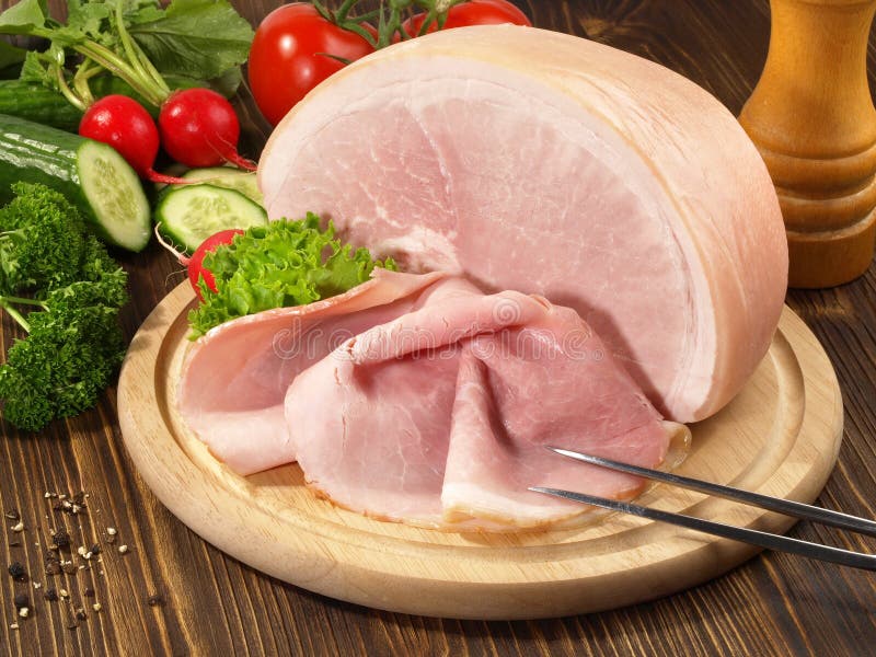 Cooked Ham Slices on a Wooden Plate Stock Photo - Image of gourmet ...