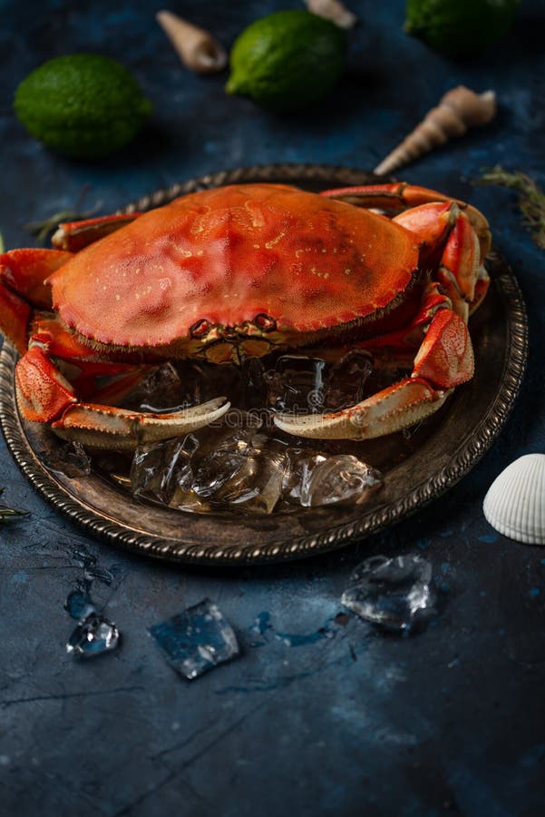 The Cooked King Crab with Ice Cube on Black Round Plate. Dark ...