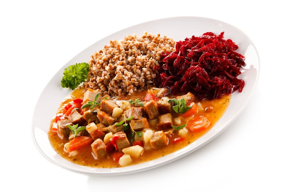 Cooked Meat with Bucketwheat Stock Photo - Image of horizontal, lunch ...