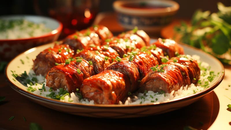 Cooked Meat Rolled Up in a Plate on Light Red Background Stock Photo ...