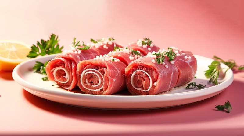 Cooked Meat Rolled Up in a Plate on Light Red Background Stock Photo ...