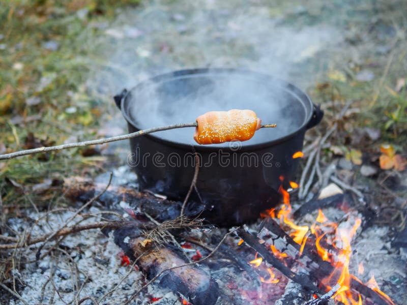 Sausage bun on the fire stock image. Image of camp, autumn - 138581493