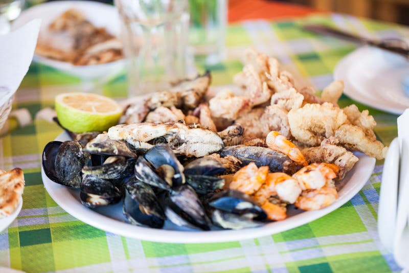 Cooked Mussels, Shrimps, Squid and Fish Stock Photo - Image of gourmet ...