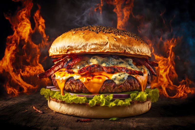 Cooked Over Open Fire Bbq Burger with Bacon, Fried Cutlet and Cheese ...