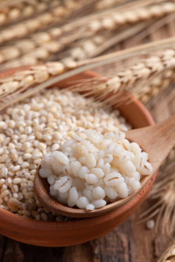 Cooked Peeled Barley Grains in Wooden Bowl Stock Photo - Image of grain ...