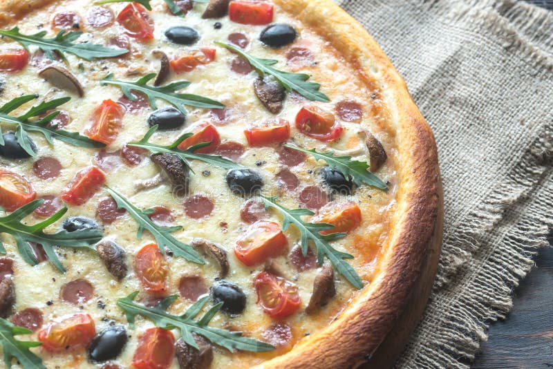 Cooked pizza stock photo. Image of funghi, brown, pepperoni - 91139454