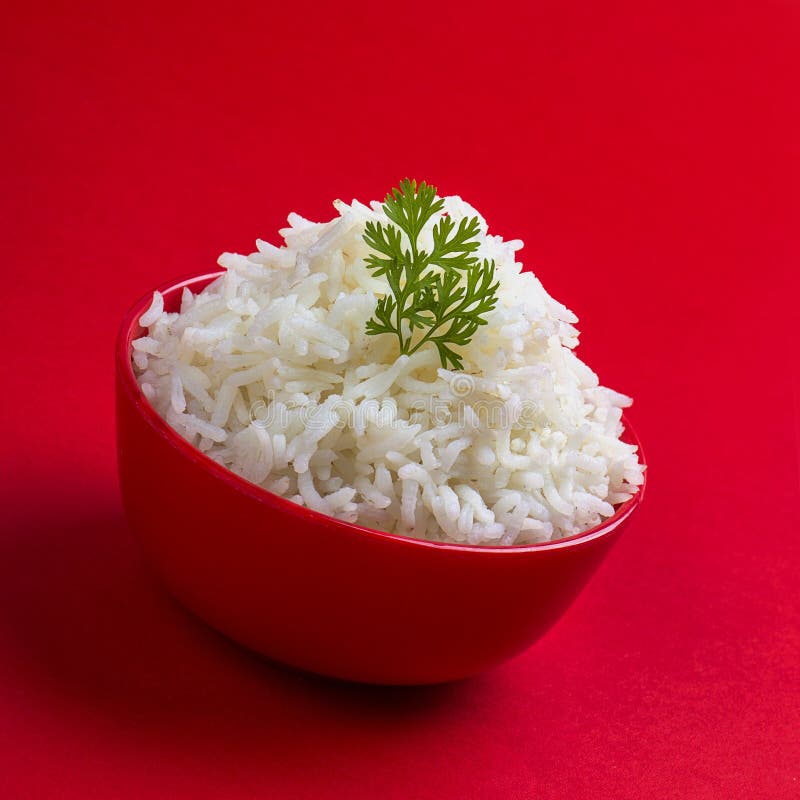Cooked Plain White Basmati Rice in a Red Bowl on Red Background Stock ...