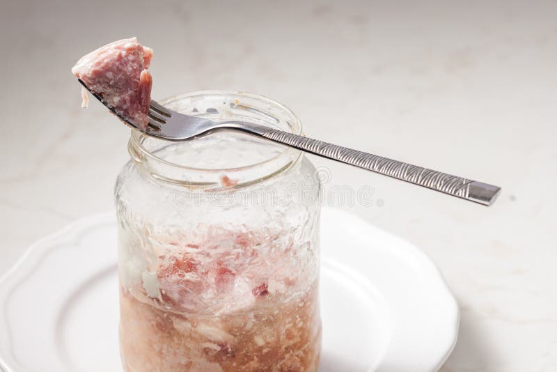 Cooked Pork Meat in the Glass Jar Stock Photo - Image of food, stewed ...
