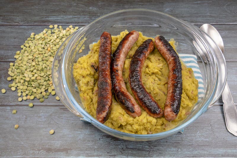 Pork Sausages Cooked with Mashed Split Peas Stock Image - Image of meat ...