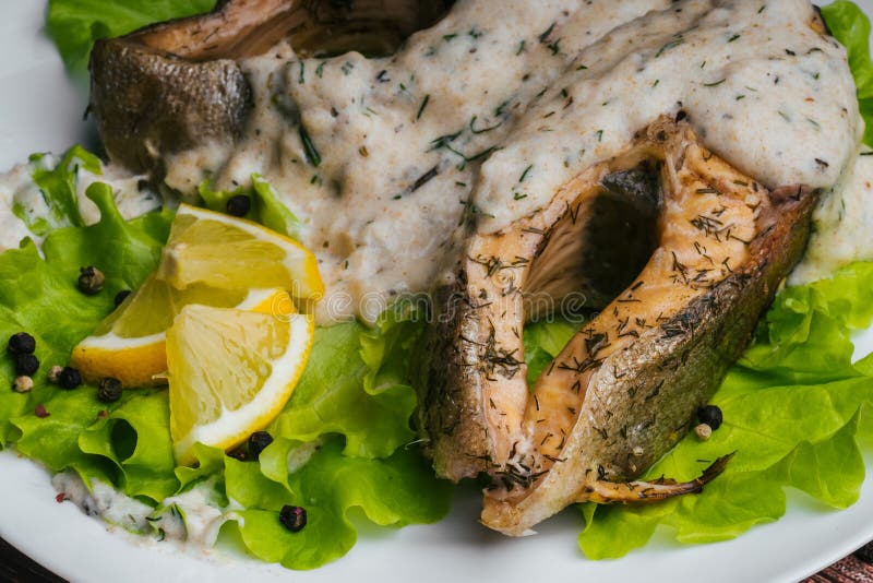 Cooked Red Fish with Cream Sauce Plate Closeup Stock Photo - Image of ...
