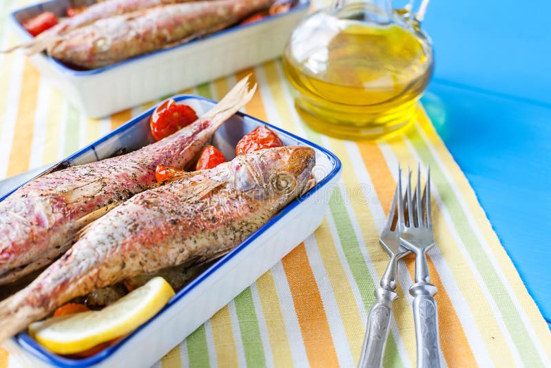 Cooked Red Mullet with Vegetables Stock Photo - Image of orange, olive ...