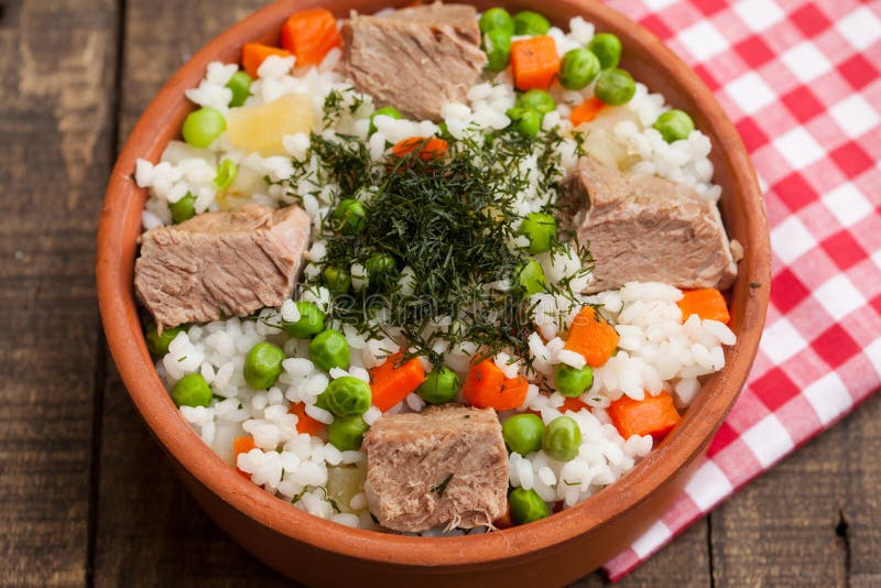 Cooked rice with beef stock photo. Image of dinner, bowl - 76511382