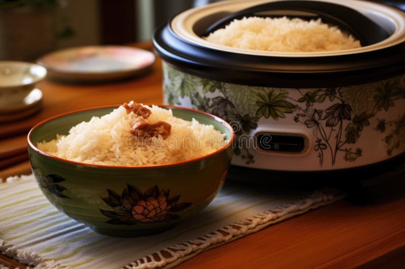 Cooked Rice in Decorative Bowl Next To Rice Cooker Stock Illustration ...