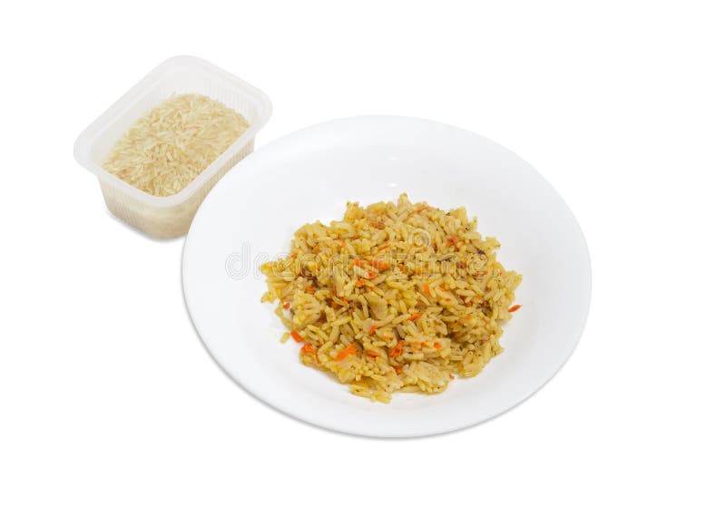 Cooked Rice on Dish and Uncooked Rice in Plastic Container Stock Image ...