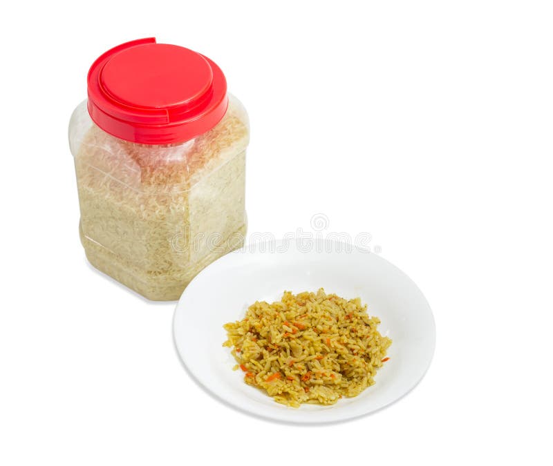 Cooked Rice on Dish and Uncooked Rice in Plastic Container Stock Photo ...