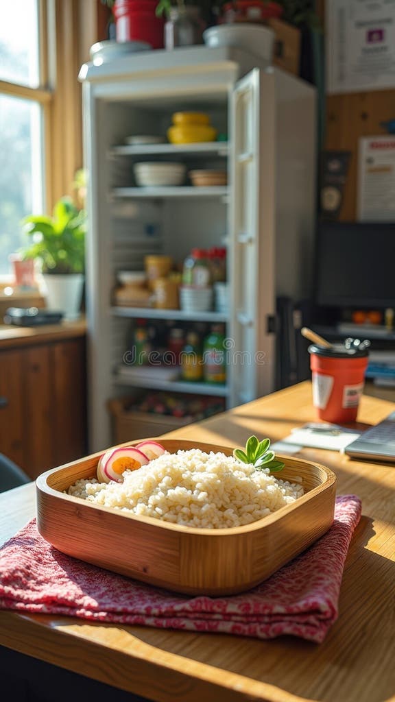 Cooked Rice in Wooden Bowl with Open Refrigerator in Cozy Sunlit ...