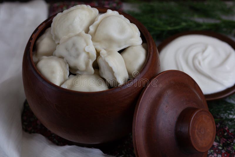 Cooked Russian Pelmeni Meat Dumplings in the Clay Pot Stock Image ...