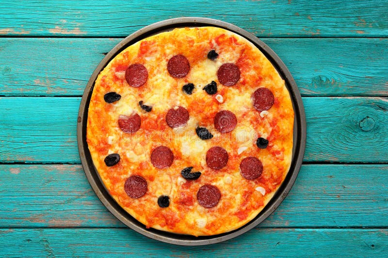 Cooked Salami Pizza Turquoise Background Stock Photos - Free & Royalty ...