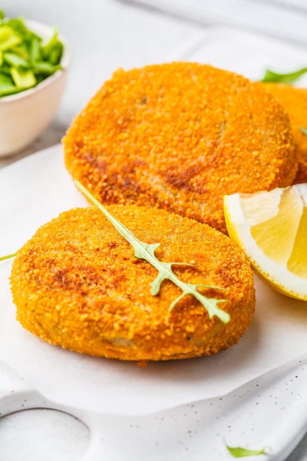 Cooked Salmon Fish Cutlets on White Board Stock Photo - Image of ...
