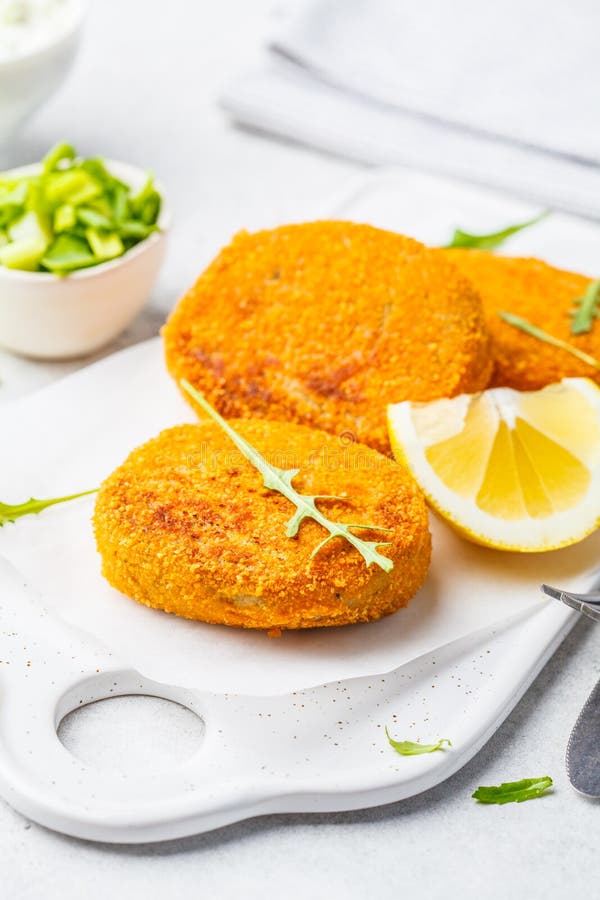 Cooked Salmon Fish Cutlets on White Board Stock Photo - Image of cooked ...