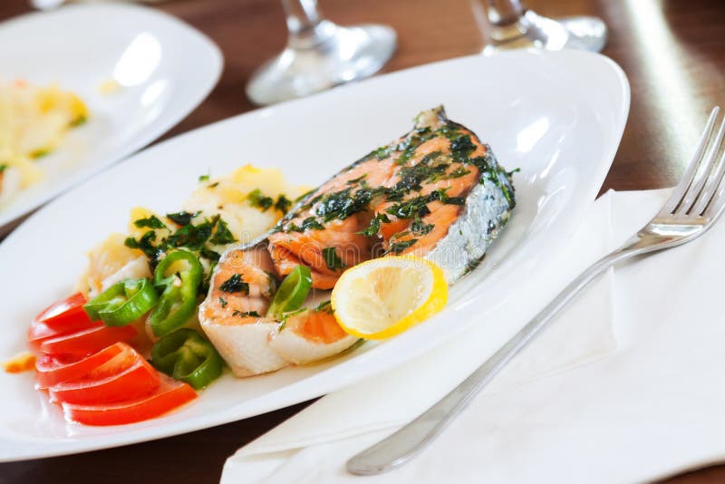 Cooked salmon fish stock image. Image of restaurant, lunch - 82953303
